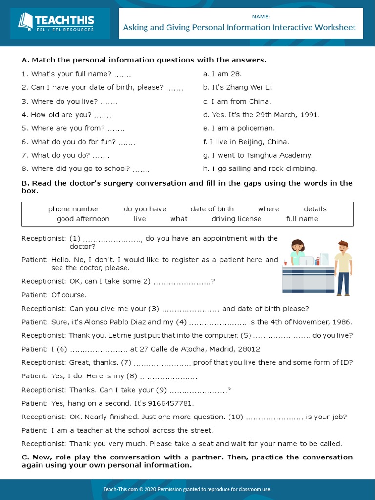 Asking and Giving Personal Information Interactive Worksheet | PDF ...
