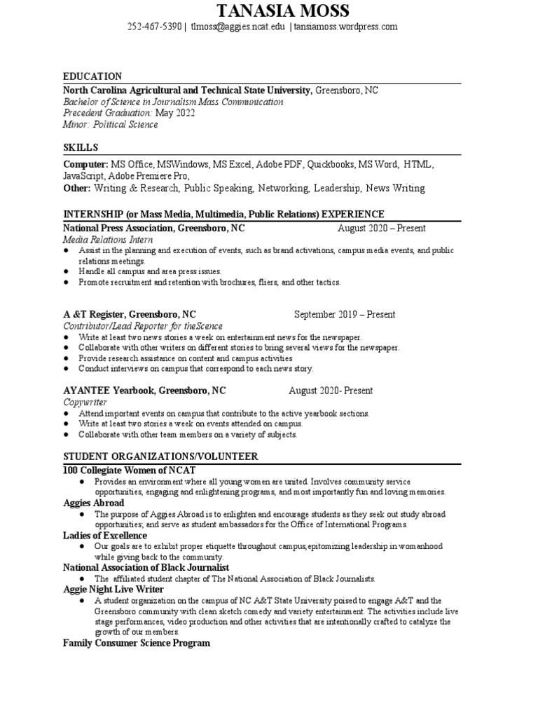 Tanasia Moss Journalism Resume | PDF | Mass Media | Public Opinion