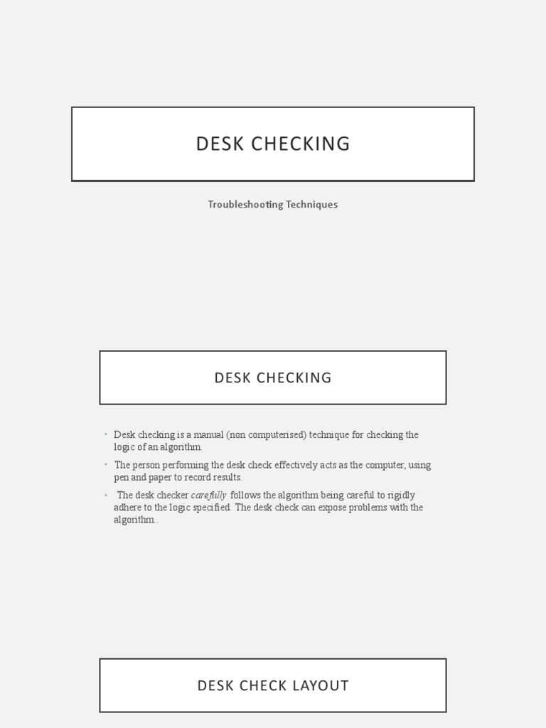 Desk Checking: Troubleshooting Techniques | PDF | Algorithms | Computer ...