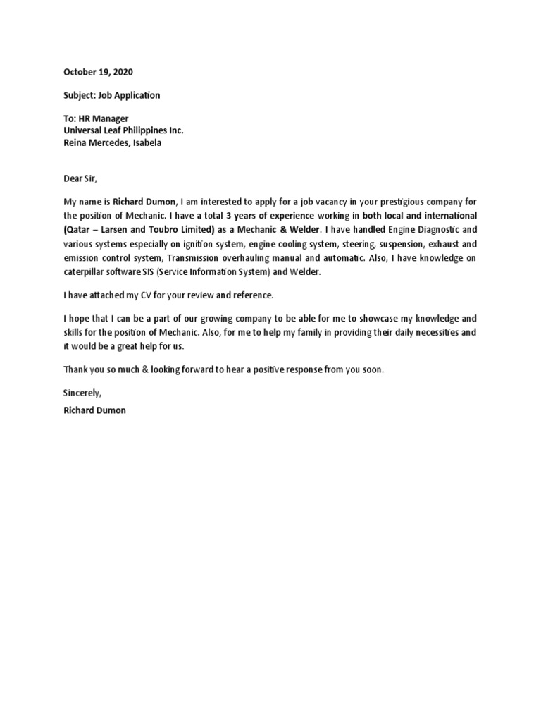 October 19, 2020 Subject: Job Application To: HR Manager Universal Leaf ...