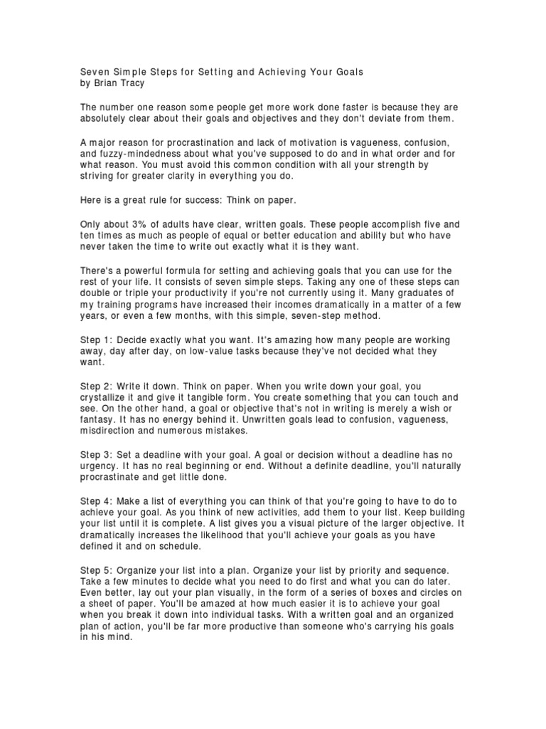 Brian Tracy 7 Simple Steps For Setting and Achieving Your Goals PDF | PDF | Goal | Behavioural ...