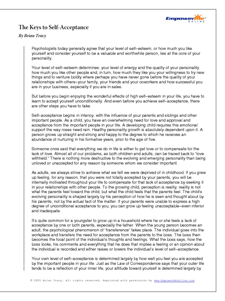 Brian Tracy The Keys To Self Acceptance PDF | PDF | Self Esteem | Self ...