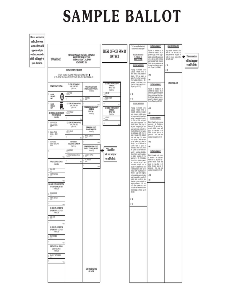 Sample Ballot For Nov. 3, 2020 General Election in Marshall County, Ala ...