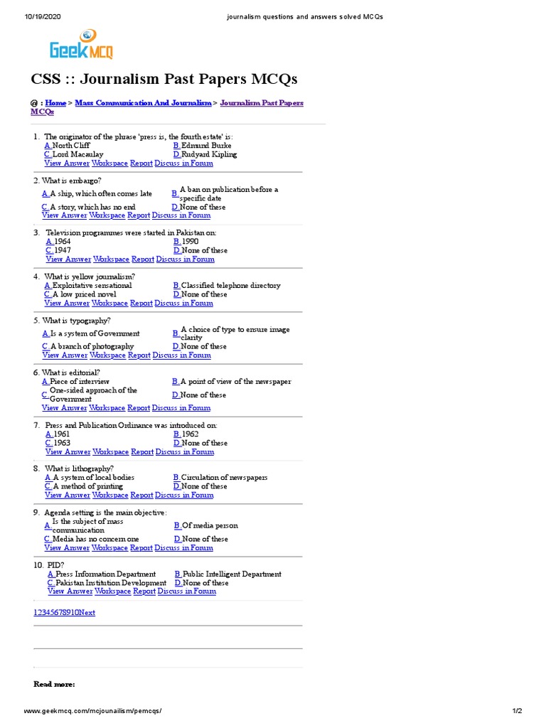 Journalism Questions and Answers Solved MCQs | PDF