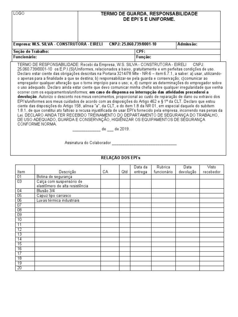 MODELO-Termo de Entrega de EPI S - NR06 | PDF