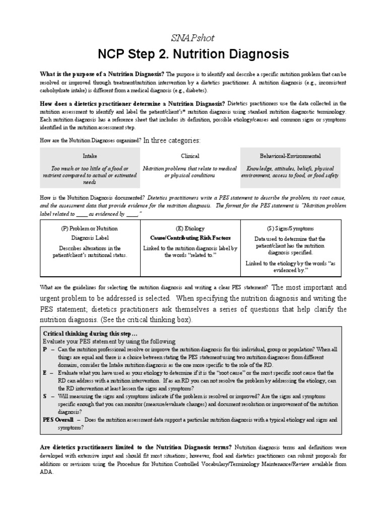 NCP Step 2. Nutrition Diagnosis: Snapshot | PDF | Dietitian | Medical ...