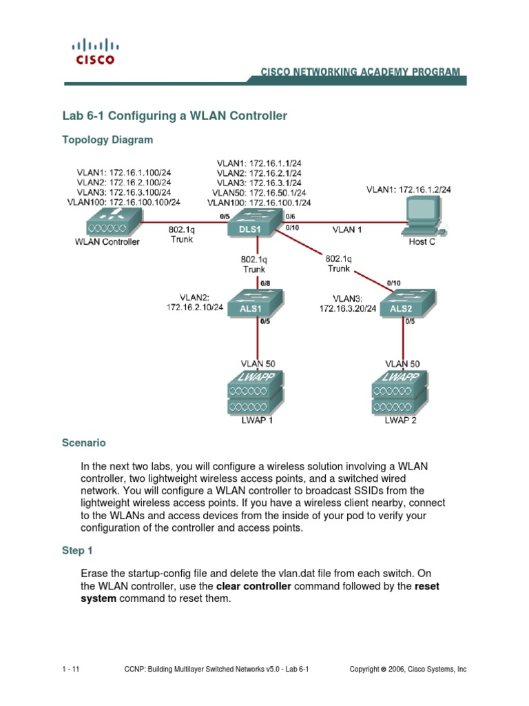 Lab 6-1 Configuring A WLAN Controller: Topology Diagram | PDF | Ip Address | Wireless Lan