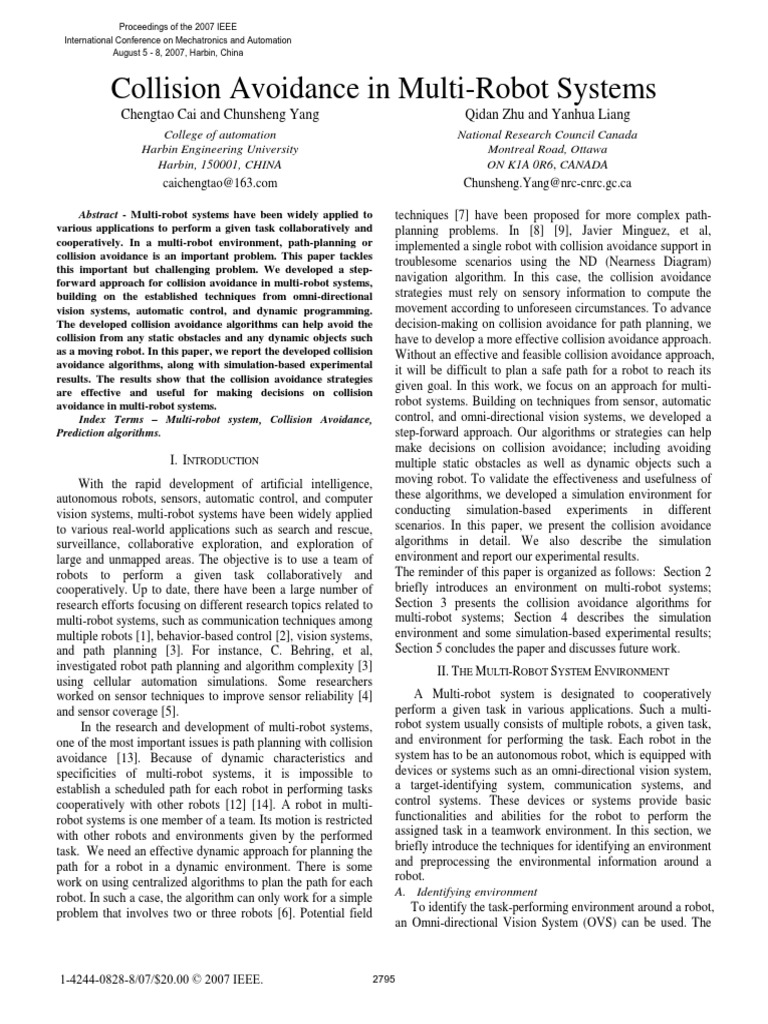 Collision Avoidance in Multi-Robot Systems: Chengtao Cai and Chunsheng ...