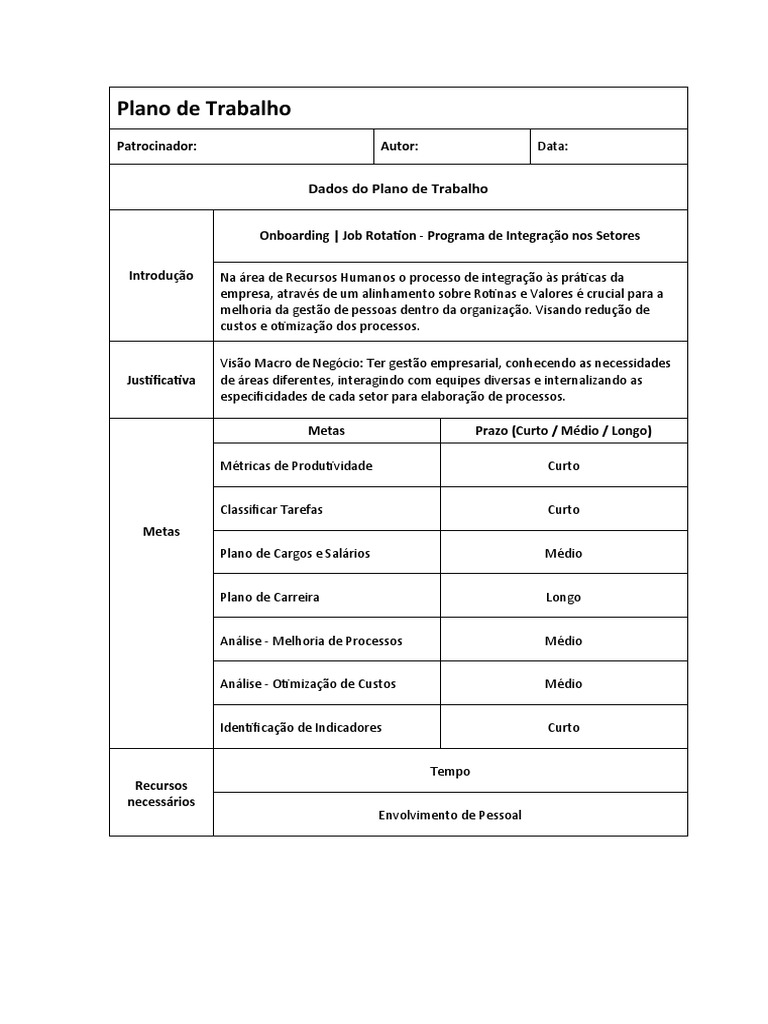 Plano de Trabalho - MODELO | PDF