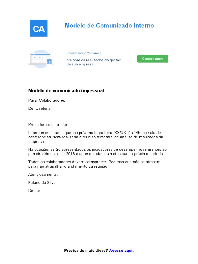 Modelo Comunicado Interno | PDF | Carreira e Crescimento | Negócios