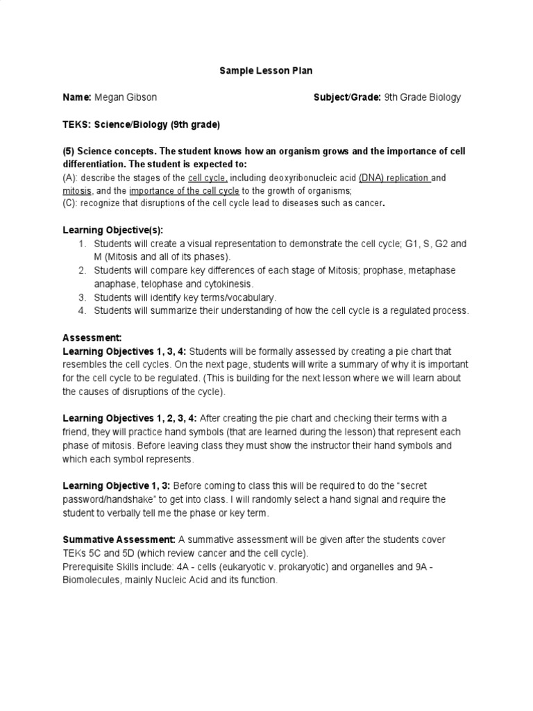 Sample Lesson Plan Name: Subject/Grade: TEKS: Science/Biology (9th ...