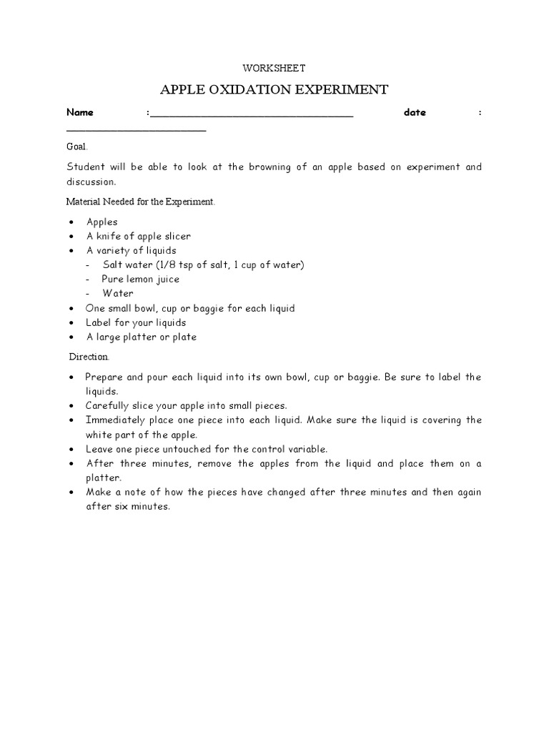 Apple Oxidation Experiment - Worksheet | PDF