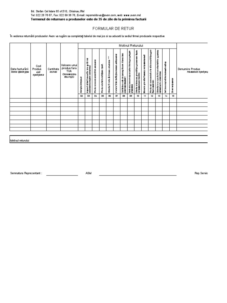 Avon Product Return Form Chisinau | PDF