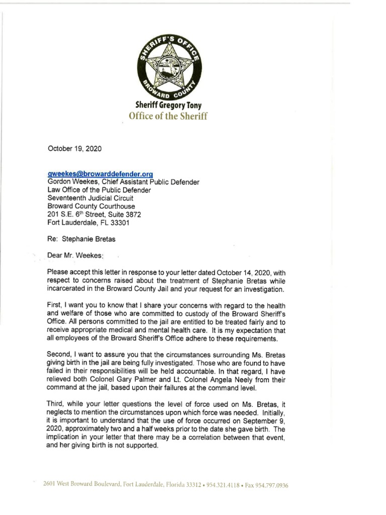 BSO Sheriff Gregory Tony Letter To Public Defender | PDF