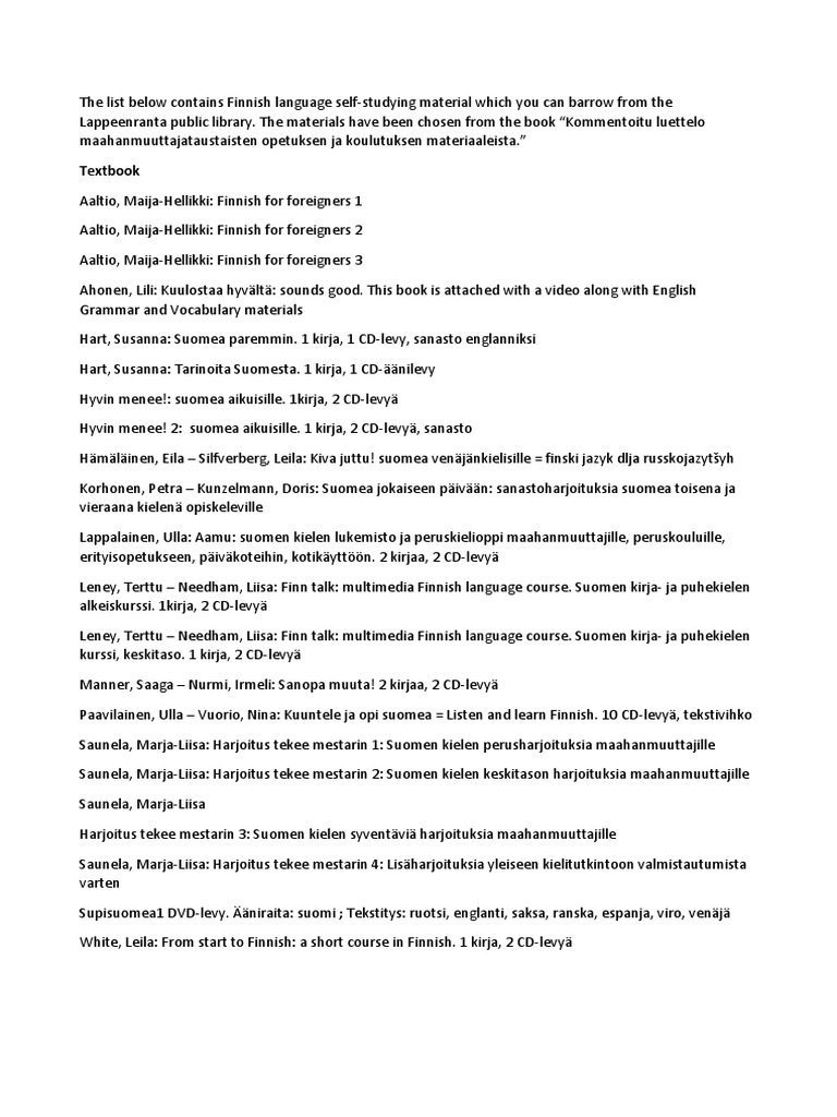 The List Below Contains Finnish Language Self | PDF