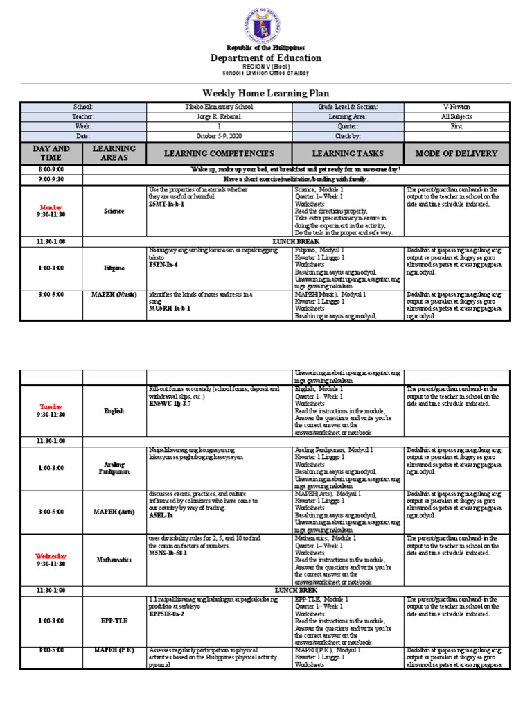 Weekly Home Learning Plan Grade 5 | PDF | Learning | Psychology