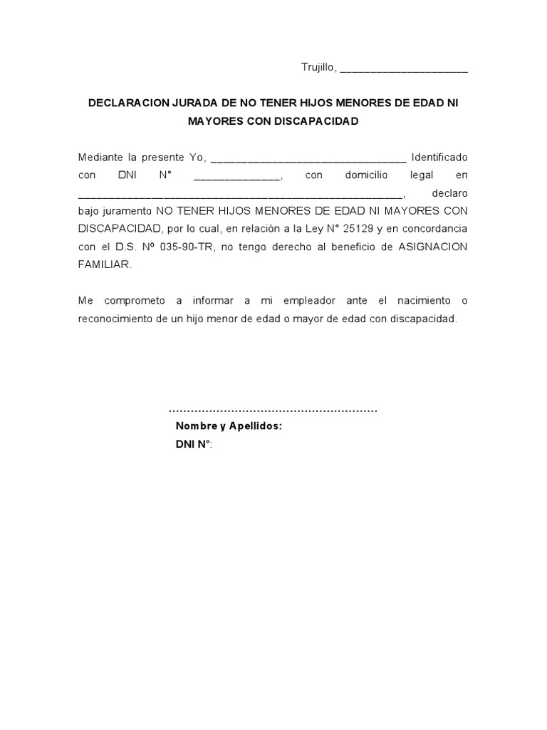 Declaración jurada de no tener hijos menores de edad ni mayores con discapacidad para propósitos ...