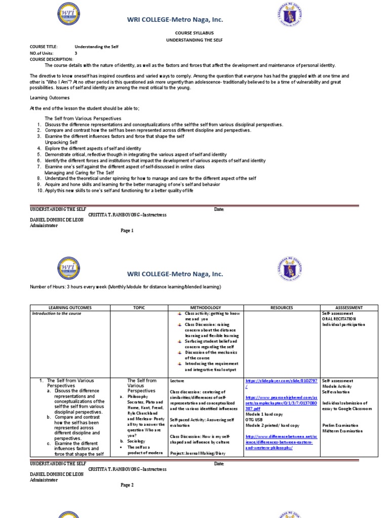 Understanding The Self - SYLLABUS | PDF | Self | Identity (Social Science)