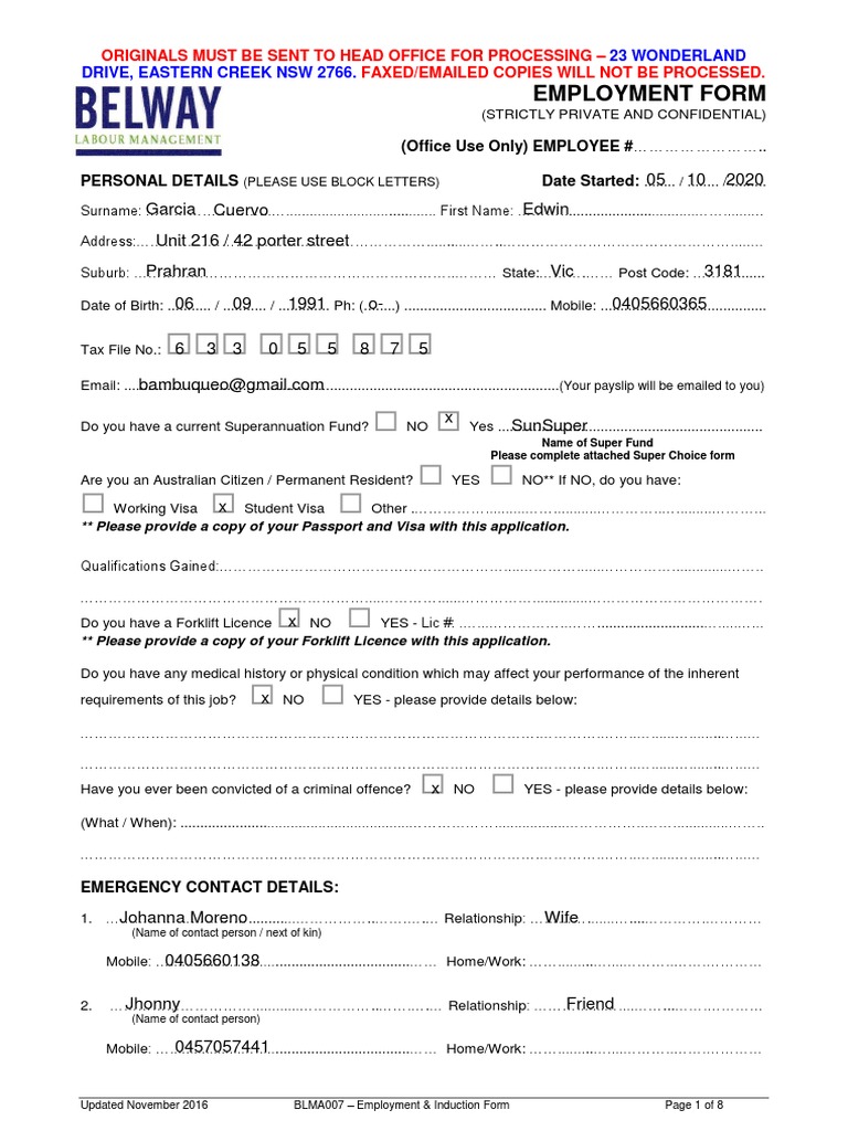 BELWAY Employment & Induction Form Complete | PDF | Forklift | Foot