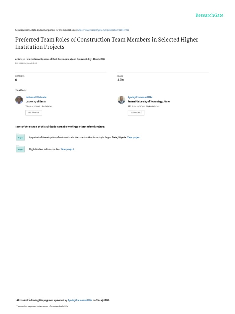 Preferred Team Roles of Construction Team Members in Selected Higher ...