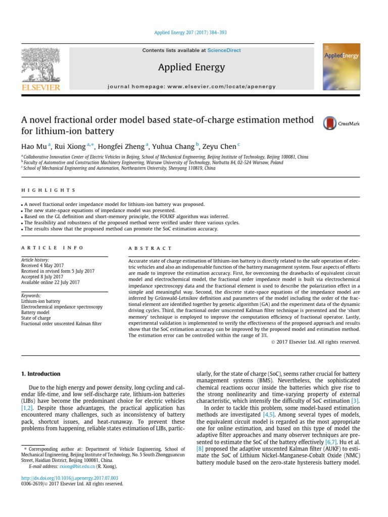 A Novel Fractional Order Model Based State-Of-Charge Estimation Method ...