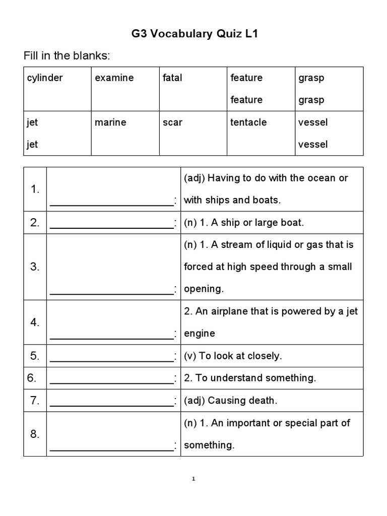 G3 Vocabulary Quiz Lesson 1 | PDF