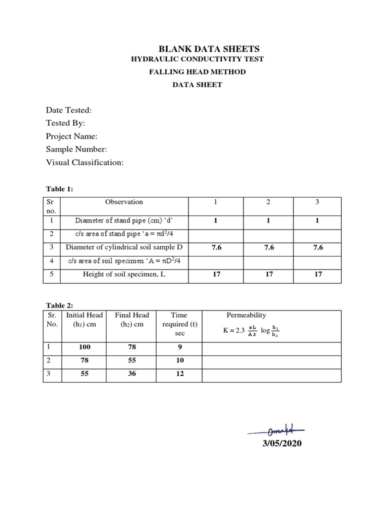 Falling Head Test - Data Sheet PDF | PDF