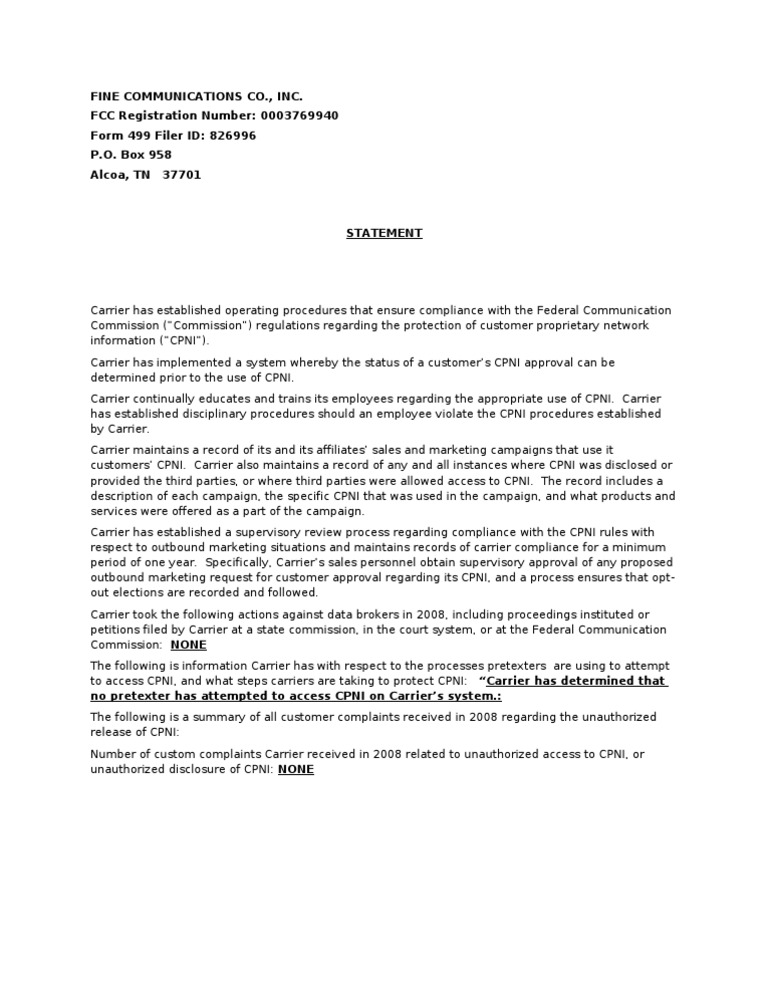 CPNI Statement | PDF | Business