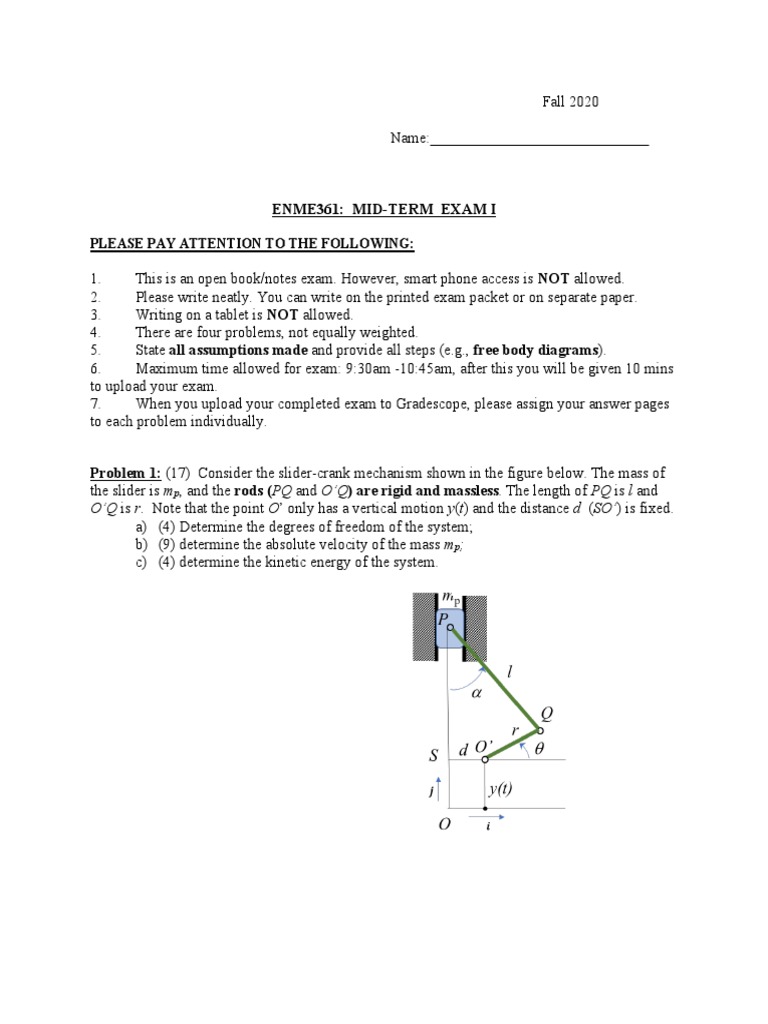 ENME361 Mid-Term Exam I Fall 2020 | PDF | Motion (Physics) | Physics