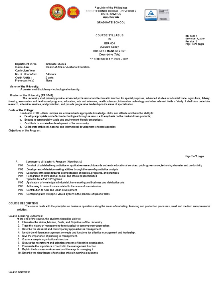 Bda 604 Business Management Syllabus | PDF | System | Leadership