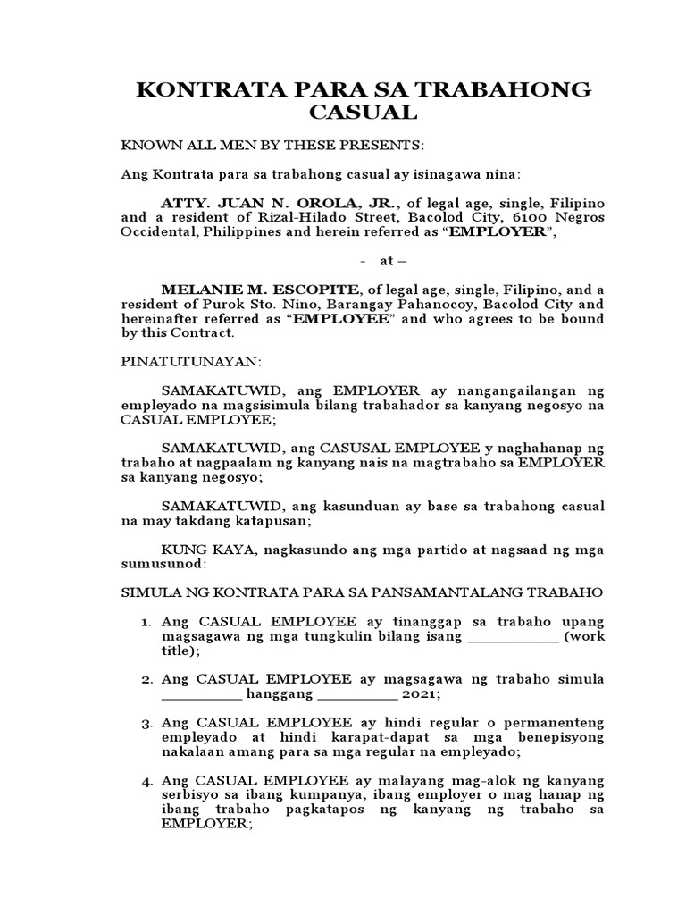 Kontrata para Sa Trabahong Casual | PDF