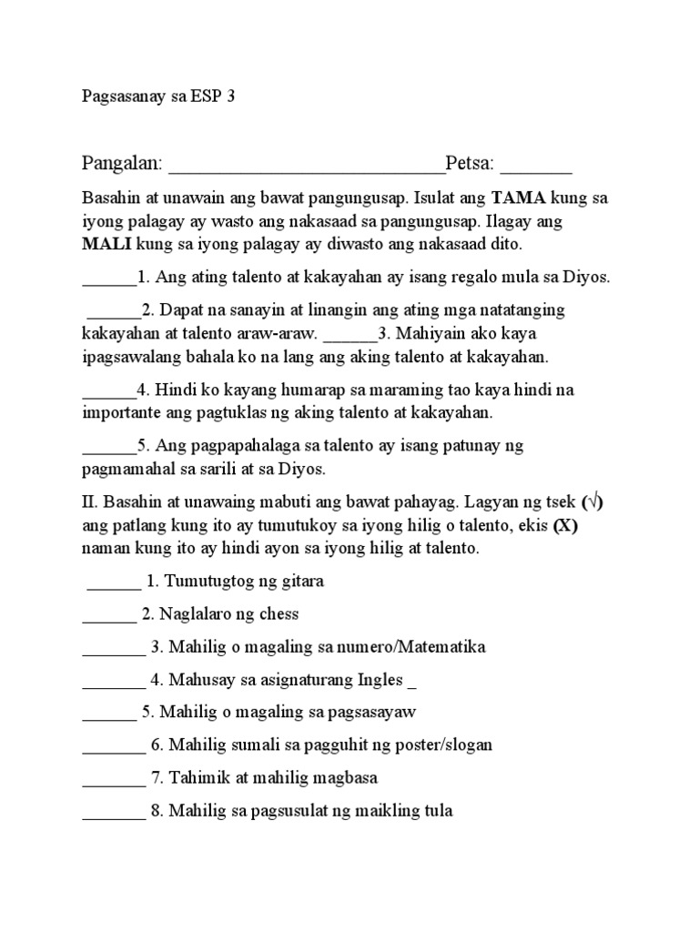 Pagsasanay Sa ESP 3 | PDF