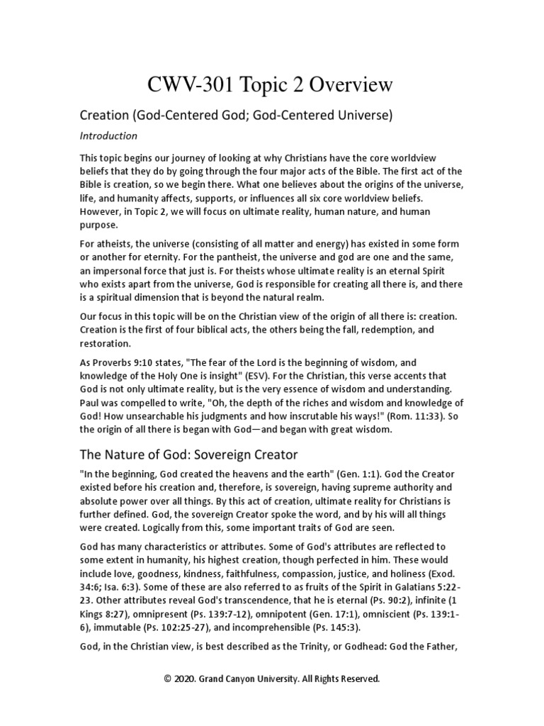 CWV-301 Topic 2 Overview: Creation (God-Centered God God-Centered ...