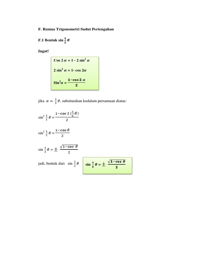 F. Rumus Trigonometri Sudut Pertengahan: 1 - 2 Sin 1-Cos 2 | PDF