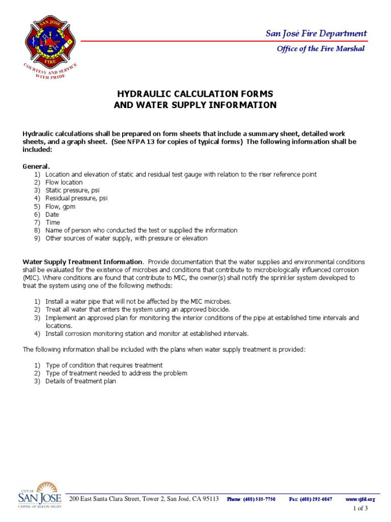 Hydraulic Calculation Forms and Water Supply Information: San José Fire ...