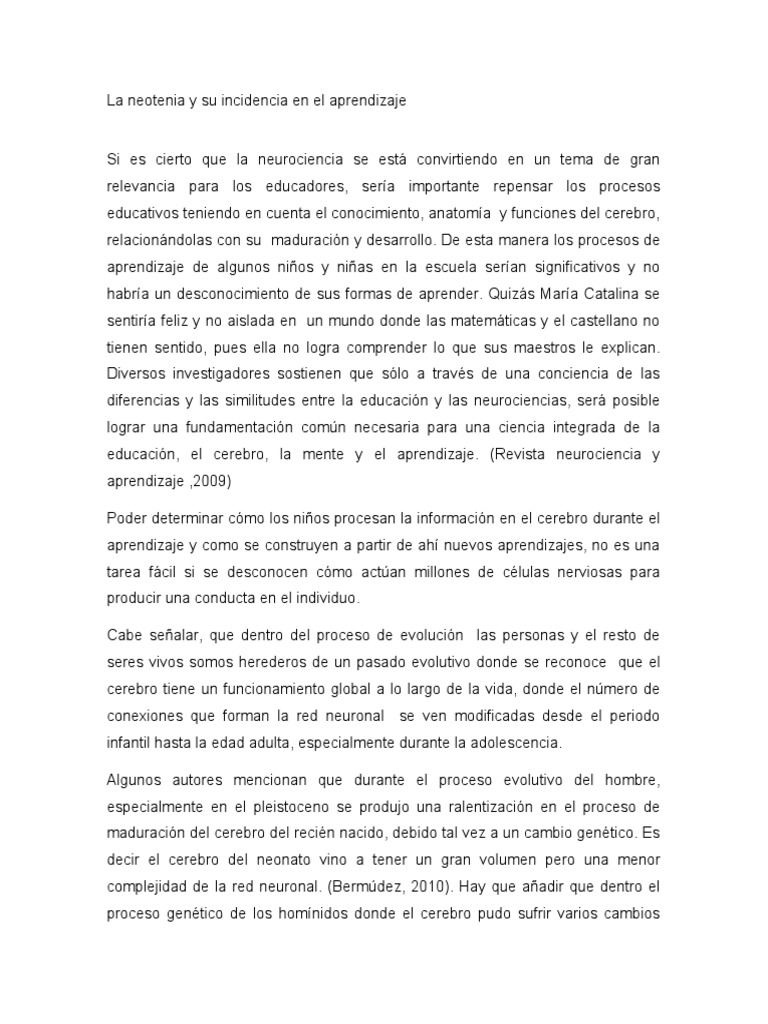 La Neotenia y Su Incidencia en El Aprendizaje | PDF | Cerebro | Neurona