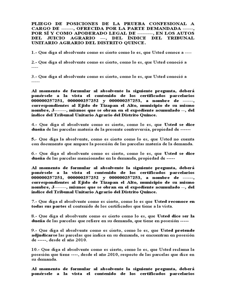 PLIEGO DE POSICIONES DE LA PRUEBA CONFESIONAL A CARGO Demanda Agraria ... PLIEGO DE POSICIONES DE LA PRUEBA CONFESIONAL A CARGO Demanda Agraria ...