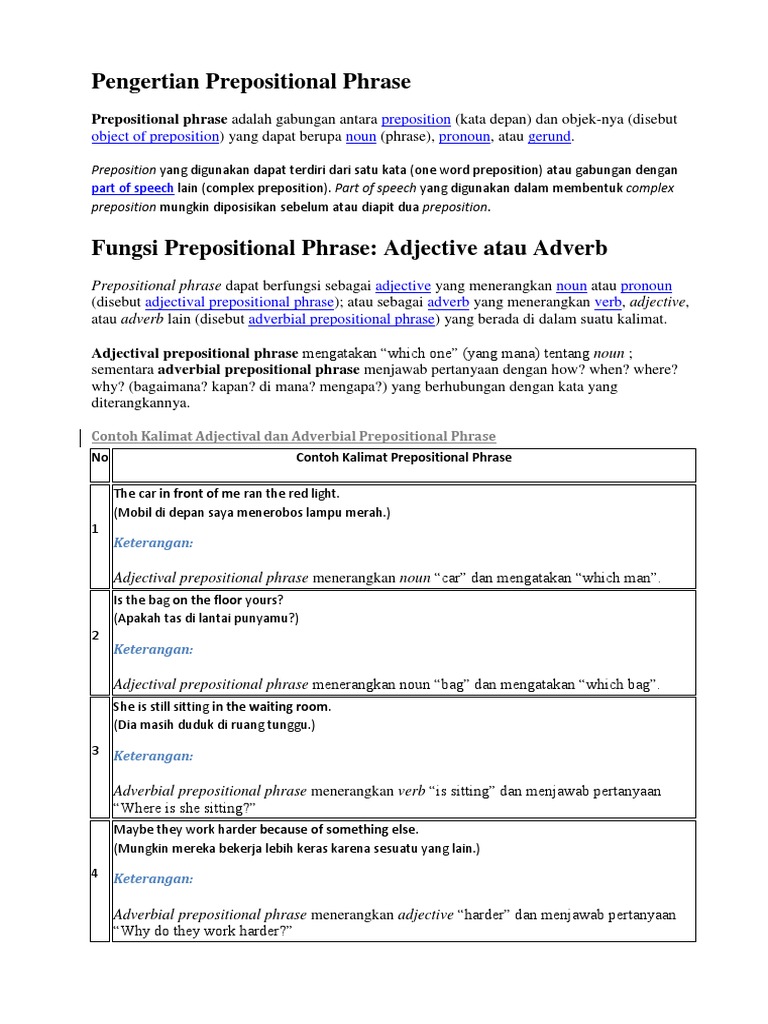 Pengertian dan Contoh Prepositional Phrase | PDF