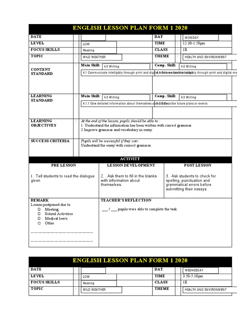 English Lesson Plan Form 1 2020: at The End of The Lesson, Pupils ...