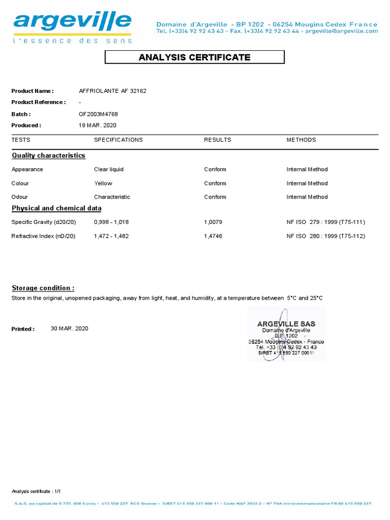 Analysis Certificate: Quality Characteristics | PDF