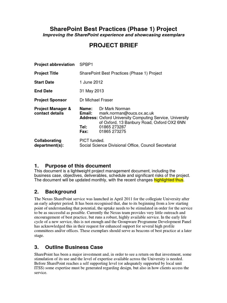 Project Brief Examples 13 PDF | Download Free PDF | Share Point | Expert
