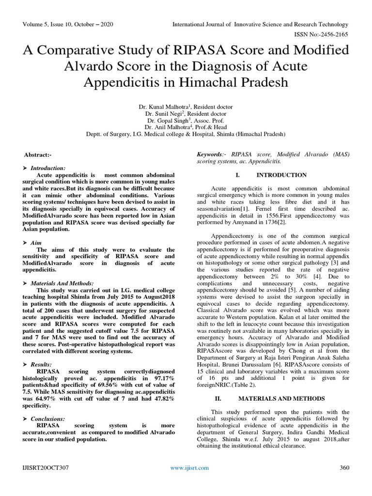 A Comparative Study of RIPASA Score and Modified Alvardo Score in The ...