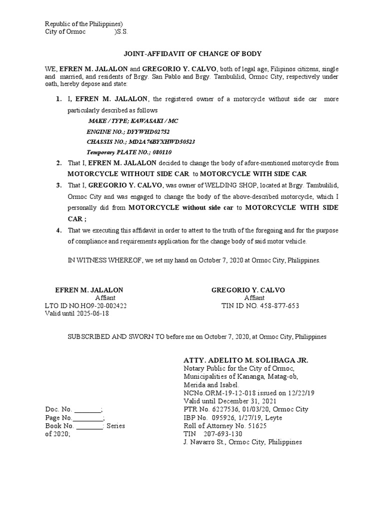 Joint Affidavit of Change Body | PDF | Affidavit | Wheeled Vehicles