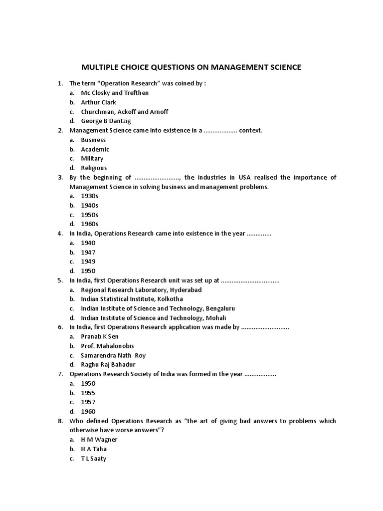 Multiple Choice Questions On Management Science | PDF | Linear ...