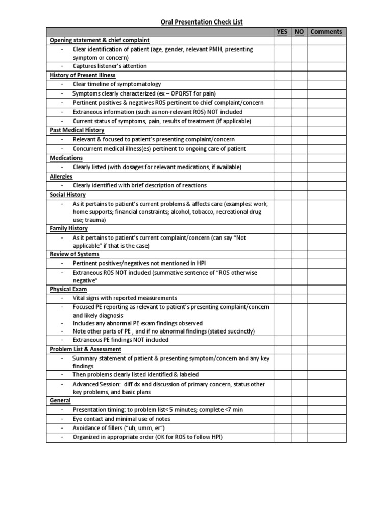 Oral Presentation Checklist AY20 | PDF | Symptom | Diseases And Disorders