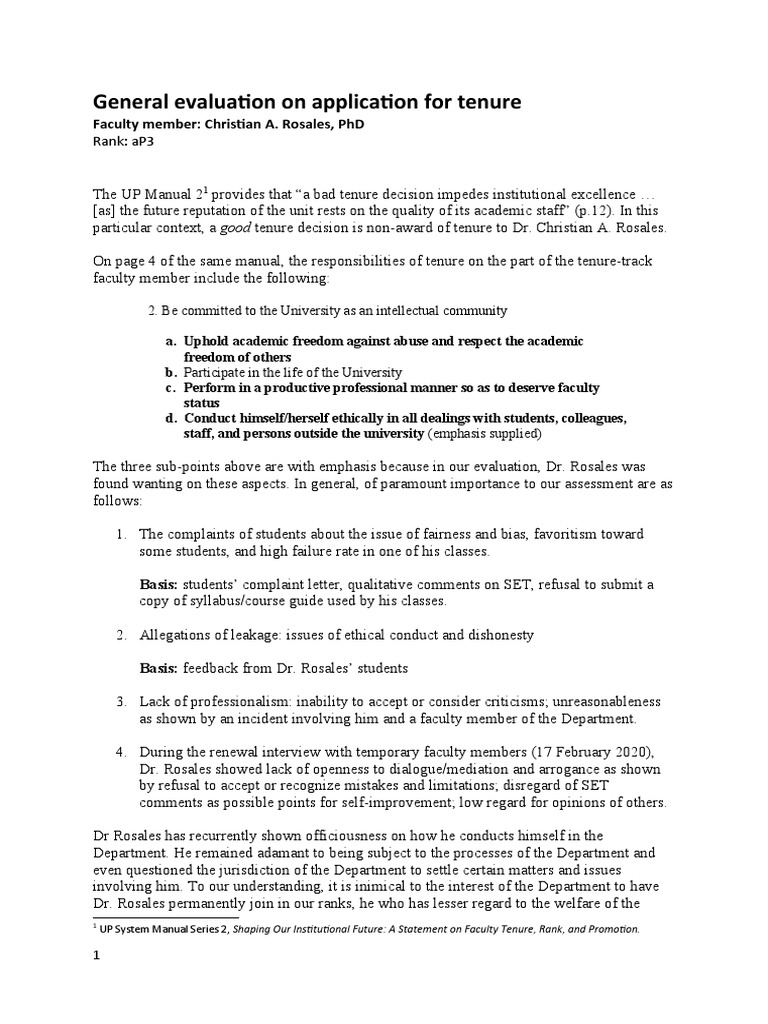 General Evaluation On Application For Tenure: Faculty Member: Christian ...