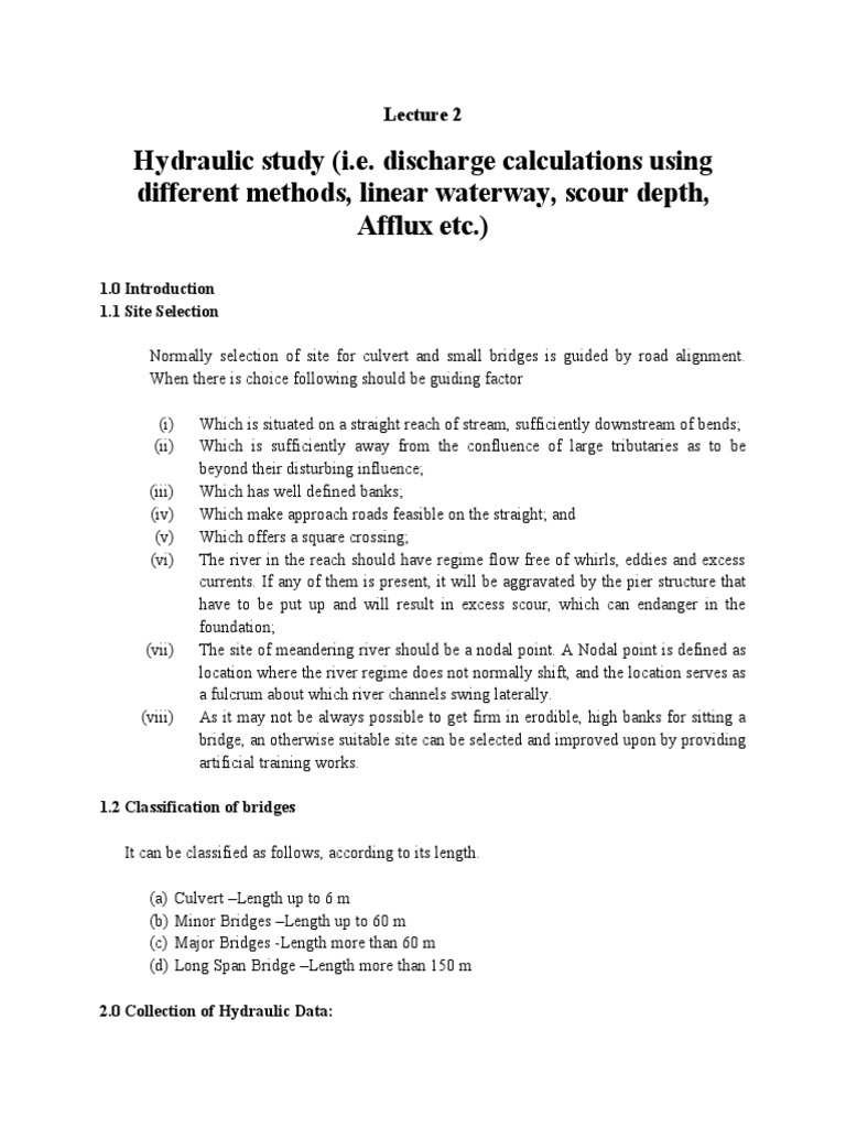 Hydraulic Study (I.e. Discharge Calculations Using Different Methods ...