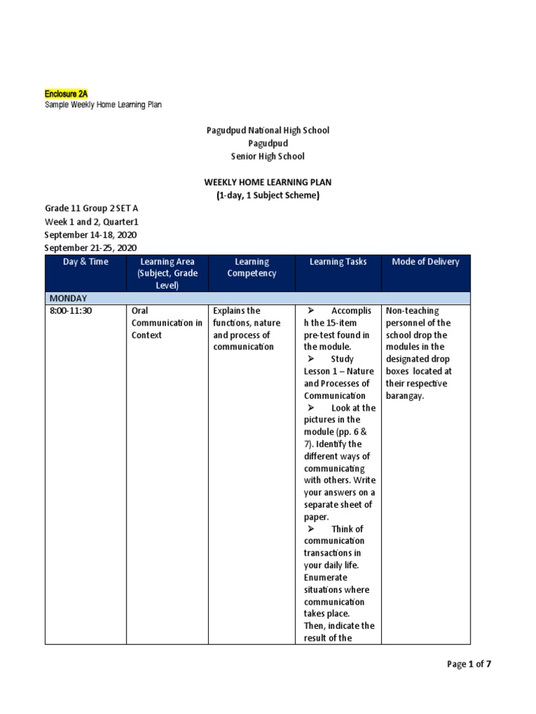 Enclosure 2A Sample Weekly Home Learning Plan | PDF | Teachers | Learning