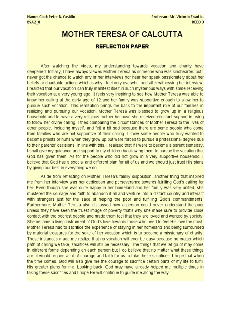 Reflection Paper - Mother Teresa of Calcutta | PDF | Mother Teresa ...