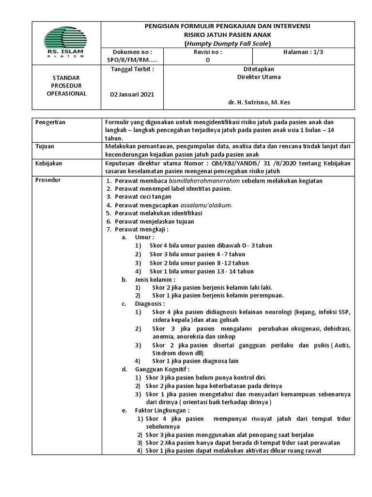 CONTOH - SPO2 ASESMEN JATUH ANAK - Revisi 0 | PDF | Sains & Matematika